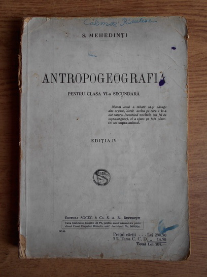 Simion Mehedinti - Antropogeografia pentru clasa a VI-a secundara (1924 ...